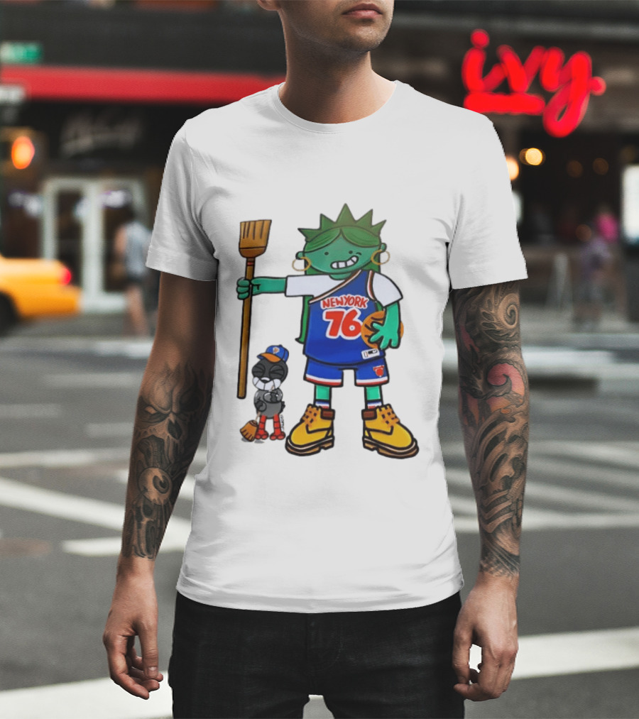 New York 76 Knicks Statue Liberty Broom Basketball 2024 T-Shirt
