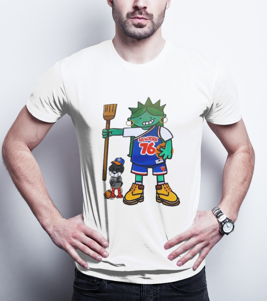 New York 76 Knicks Statue Liberty Broom Basketball 2024 T-Shirt