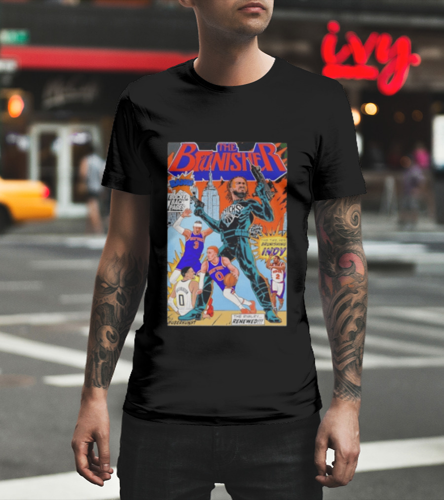 Knicks Comic Crossover The Brunisher Bocker Backpages Featuring Empire State Building T-Shirt