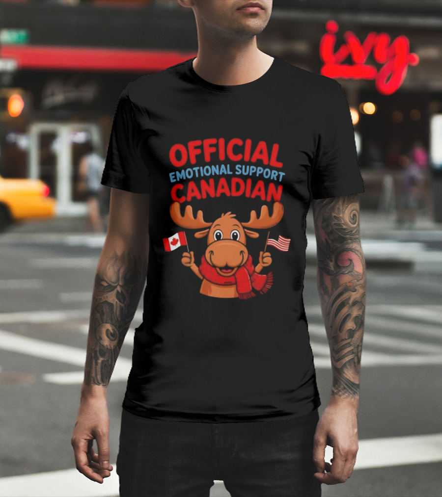 Official Emotional Support Canadian Moose With Canadian And American Flags T-Shirt