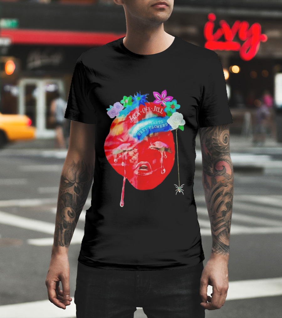 Jack Off Jill Clear Hearts Grey Flowers Crying Face With Colorful Floral Accents T-Shirt