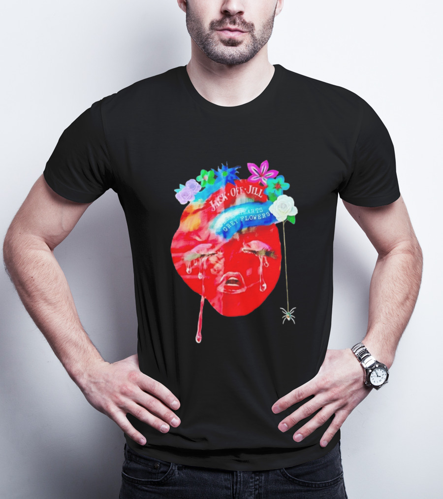 Jack Off Jill Clear Hearts Grey Flowers Crying Face With Colorful Floral Accents T-Shirt
