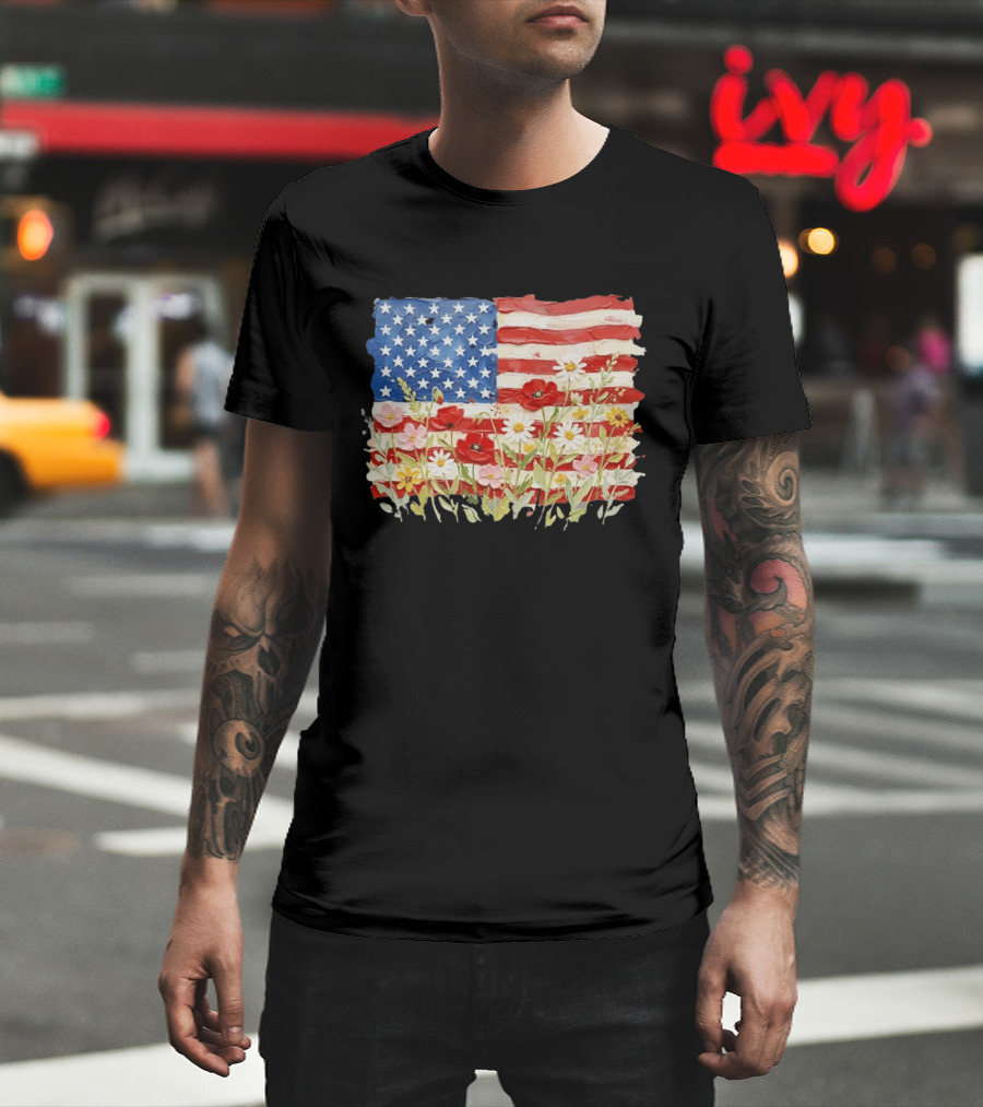 Floral American Flag With Impasto Texture And Flowers T-Shirt