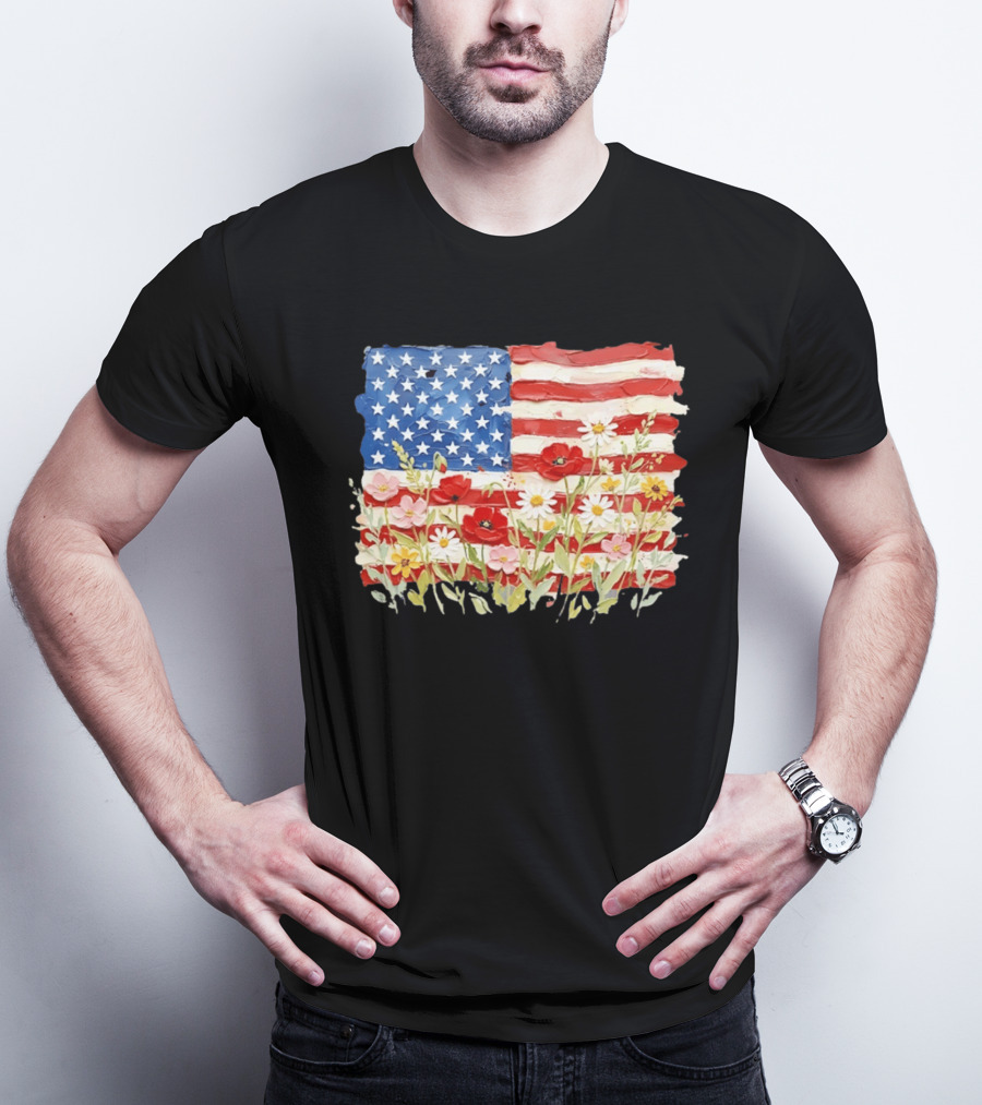 Floral American Flag With Impasto Texture And Flowers T-Shirt