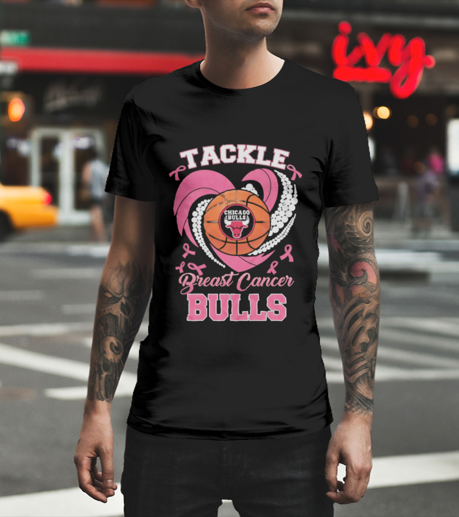 Tackle Breast Cancer Bulls Heart Pink Ribbons T-Shirt