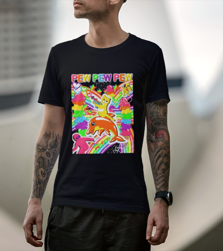 Pew Pew Pew Rainbow Pride Fun With Colorful Dolphins And Hearts T-Shirt