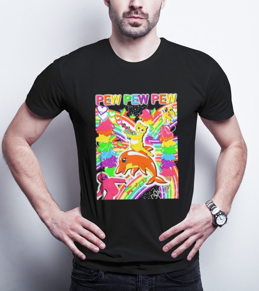 Pew Pew Pew Rainbow Pride Fun With Colorful Dolphins And Hearts T-Shirt