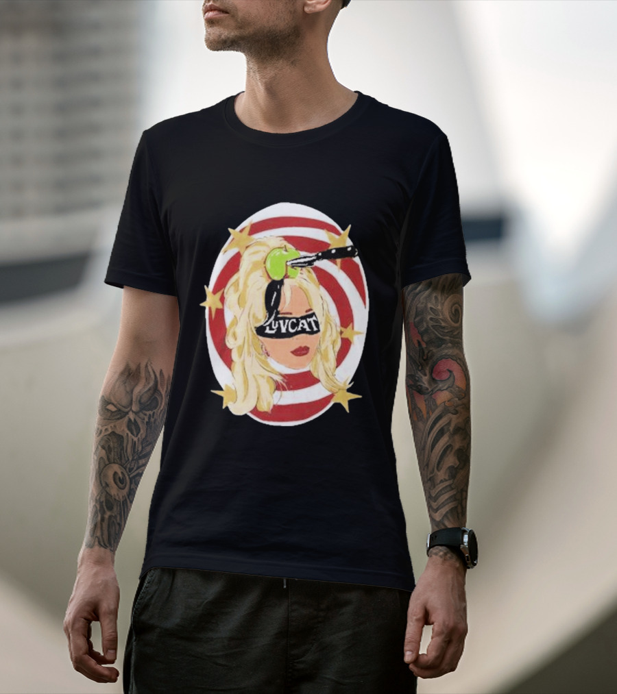 Luvcat Blonde Woman Bullseye Knife Apple Starburst T-Shirt