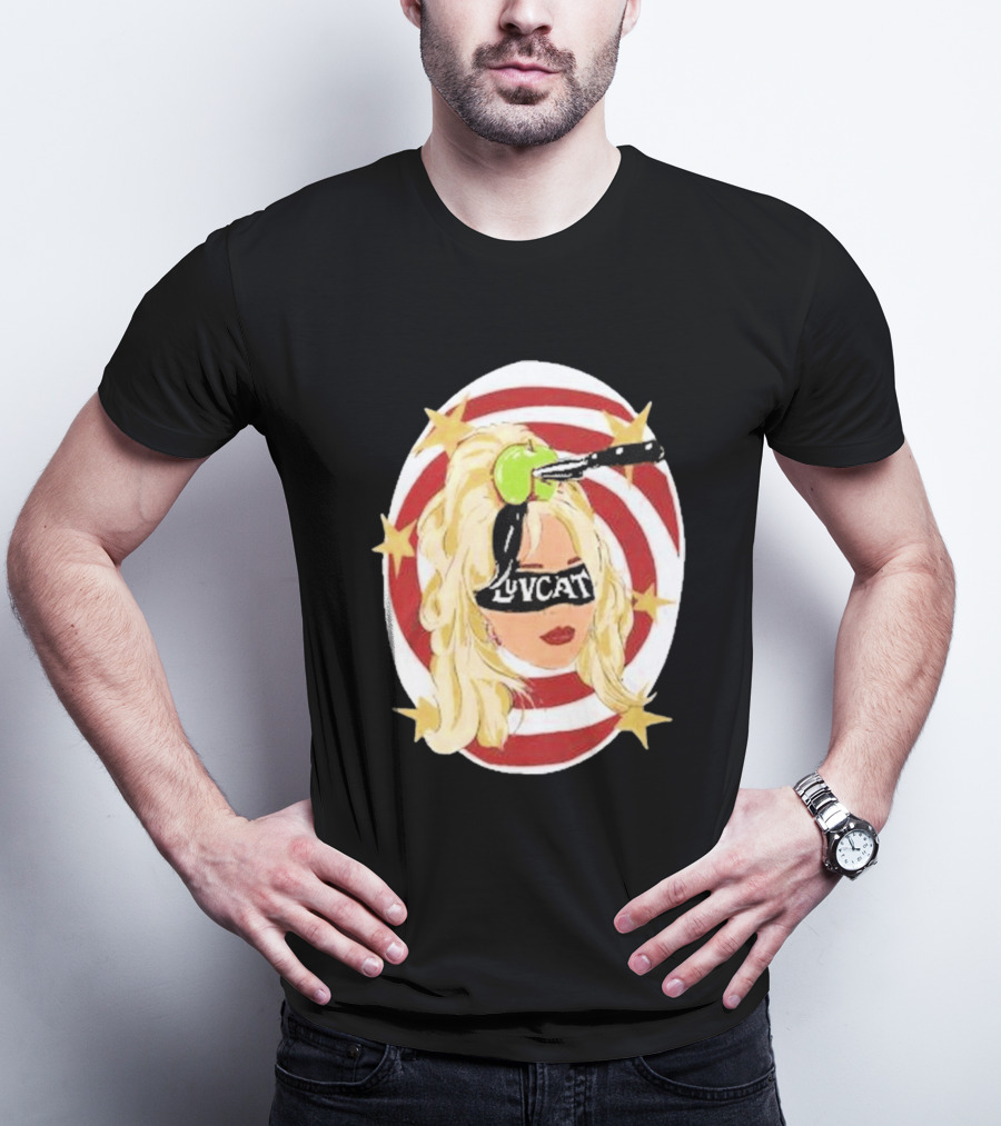 Luvcat Blonde Woman Bullseye Knife Apple Starburst T-Shirt