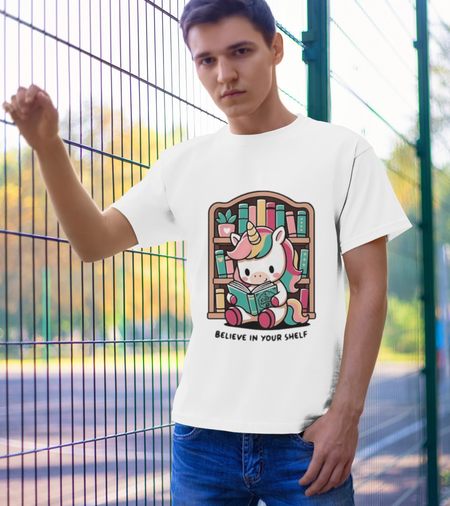 Unicorn Reading Believe In Your Shelf Bookshelf Magic T-Shirt