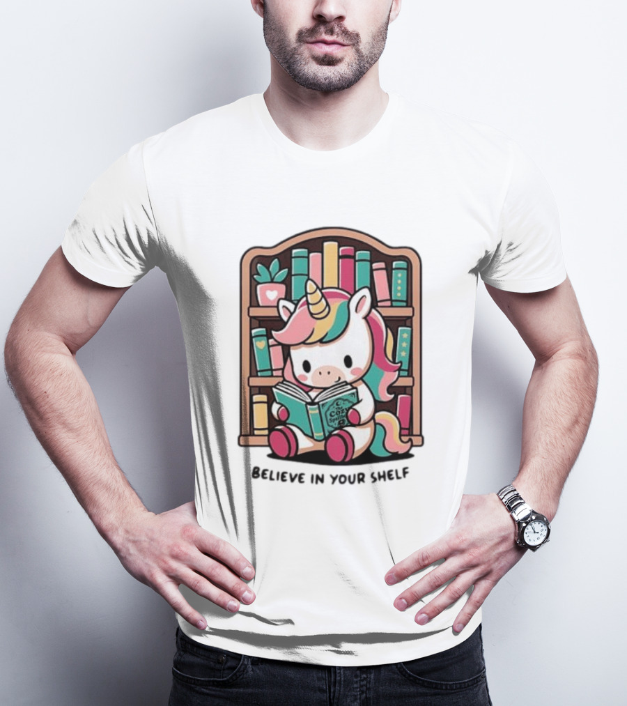 Unicorn Reading Believe In Your Shelf Bookshelf Magic T-Shirt