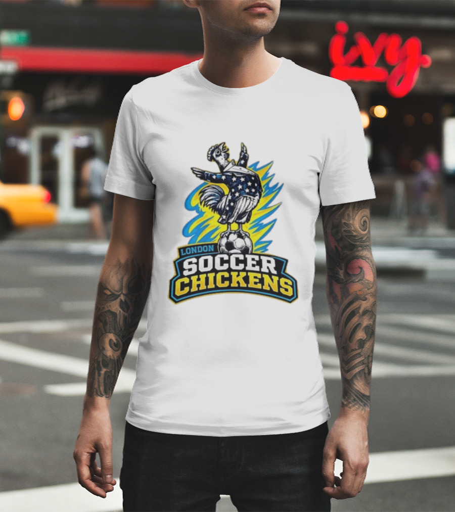 London Soccer Chickens Rooster On Soccer Ball With Stars And Stripes T-Shirt