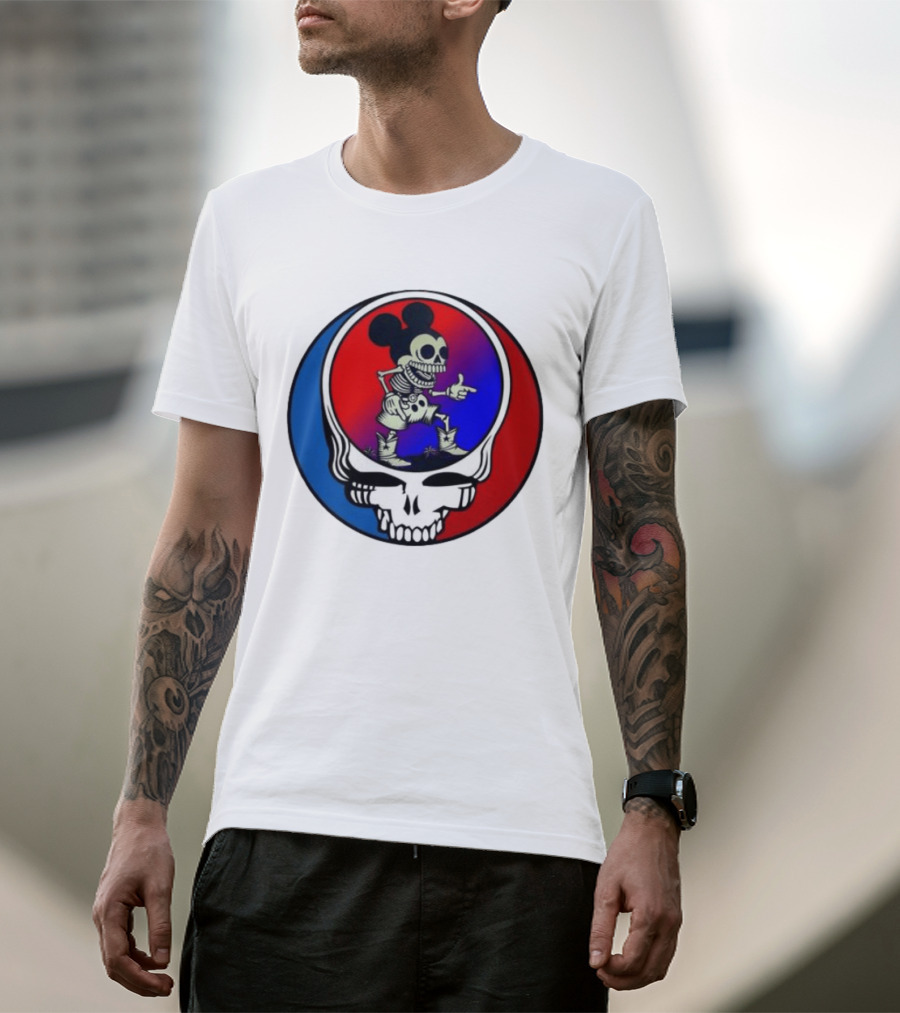 Mickey Mouse Skeleton With Grateful Dead Skull And Roses T-Shirt