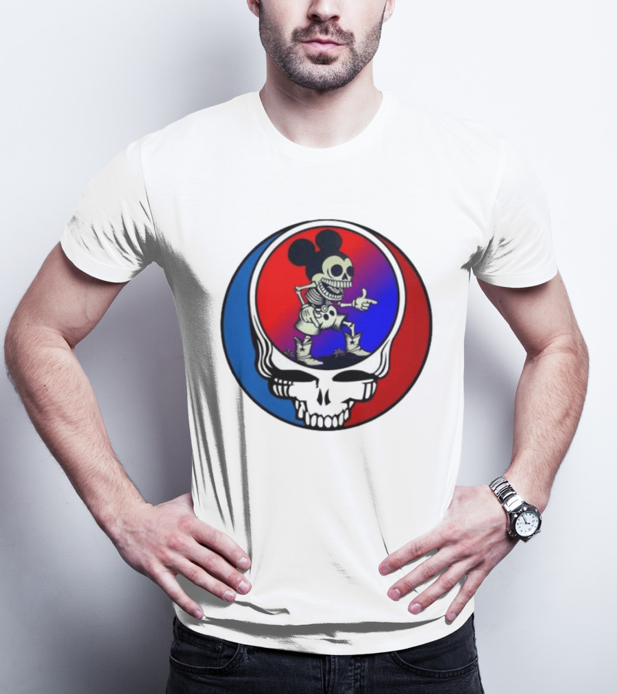 Mickey Mouse Skeleton With Grateful Dead Skull And Roses T-Shirt