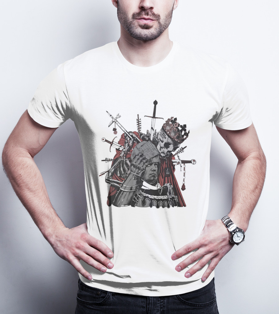 Memento Mori Skeleton King With Medieval Crown Swords And Halberd T-Shirt