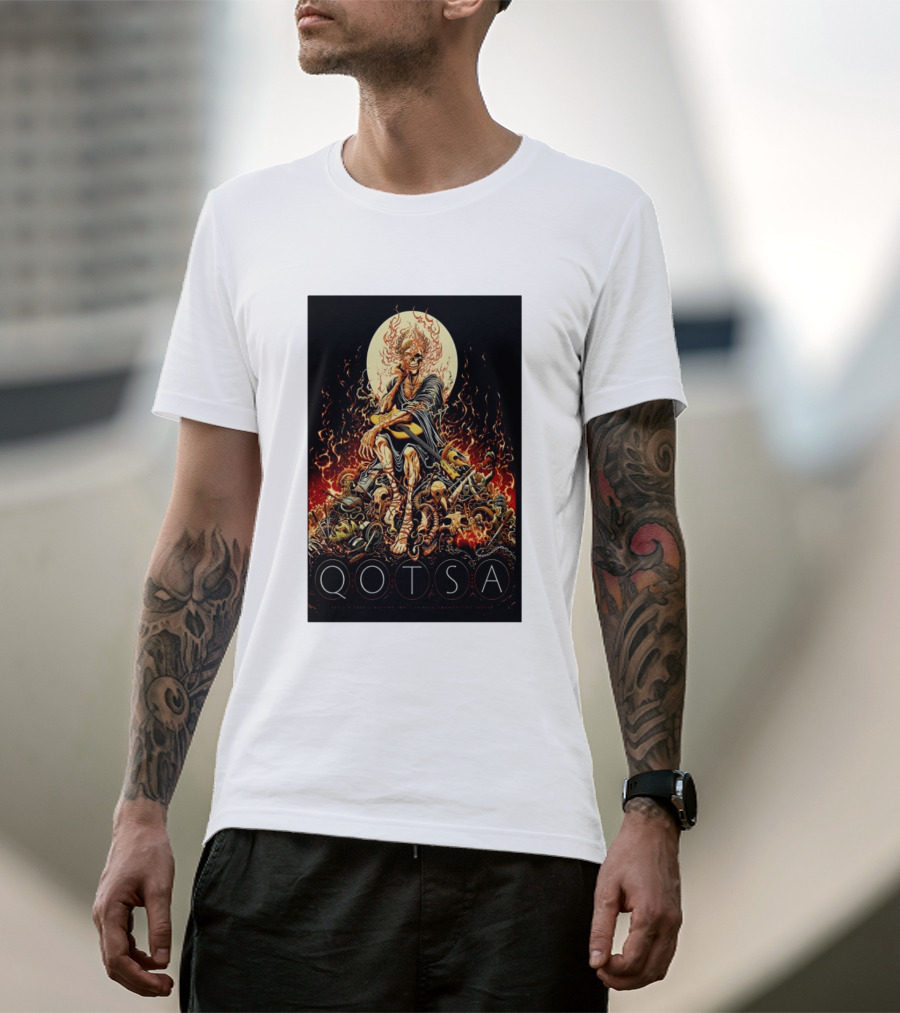QOTSA April 8 2024 Calgary Communities Centre Flaming Skeleton Throne T-Shirt