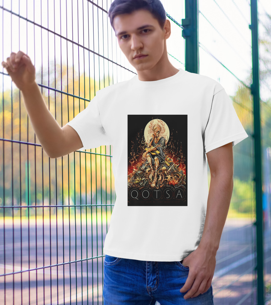 QOTSA April 8 2024 Calgary Communities Centre Flaming Skeleton Throne T-Shirt