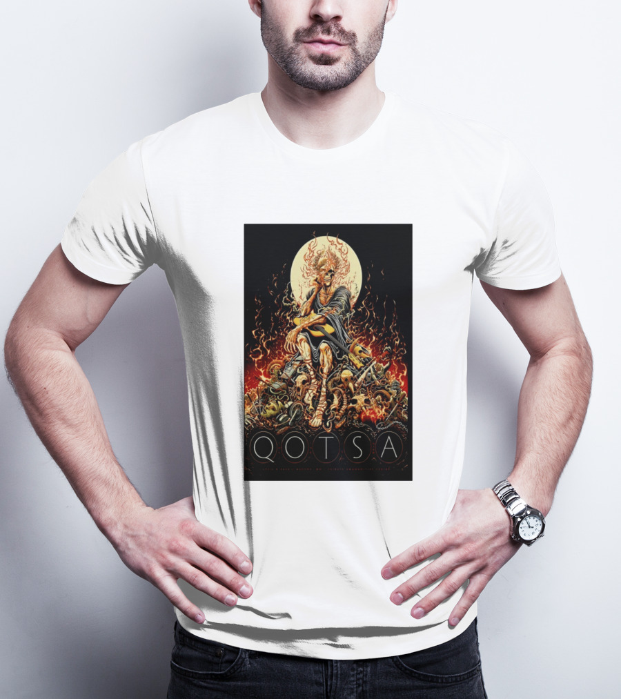 QOTSA April 8 2024 Calgary Communities Centre Flaming Skeleton Throne T-Shirt