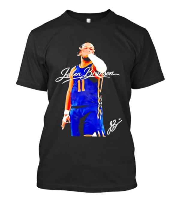 Jalen Brunson 11 Signature Gesture Basketball Blue Uniform T-Shirt