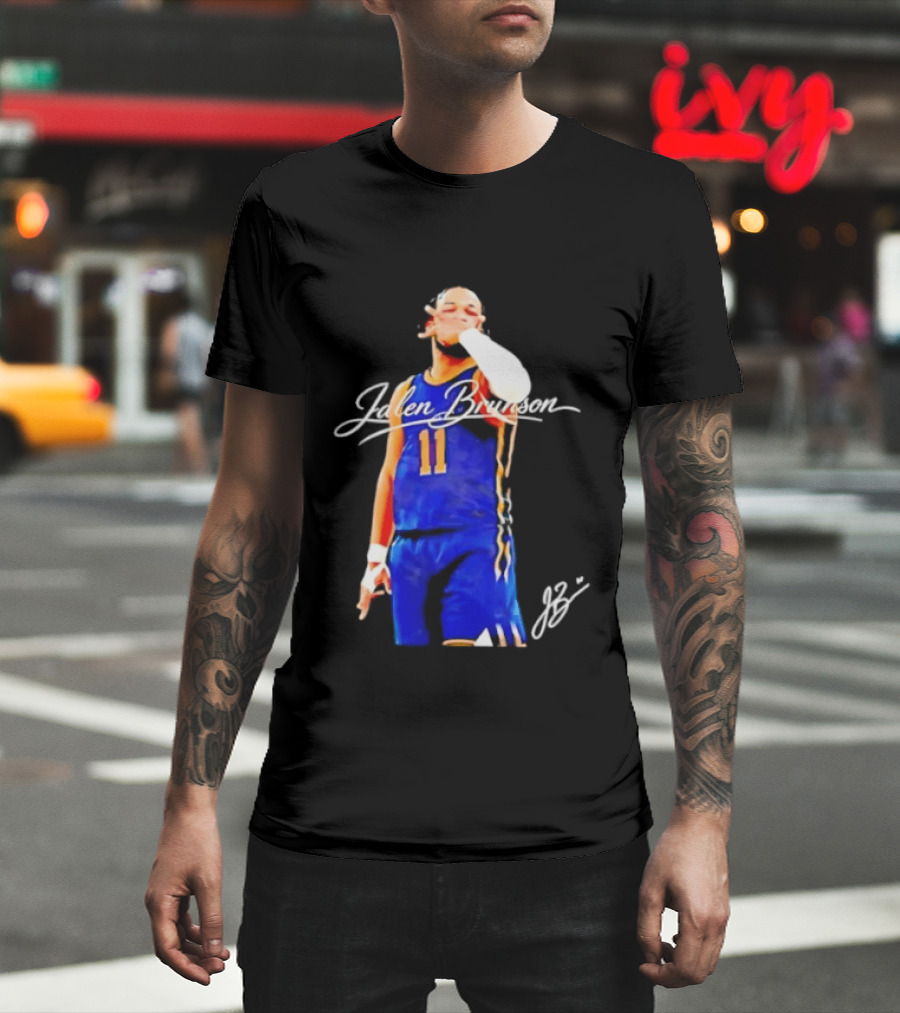 Jalen Brunson 11 Signature Gesture Basketball Blue Uniform T-Shirt