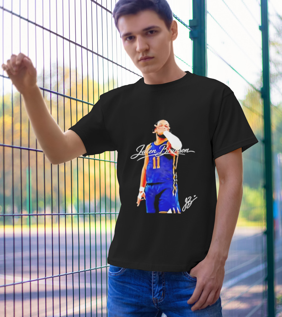 Jalen Brunson 11 Signature Gesture Basketball Blue Uniform T-Shirt