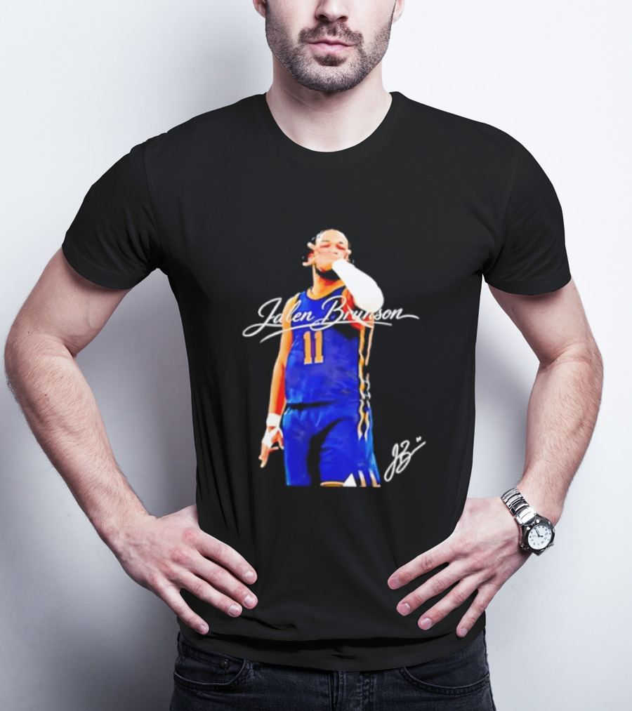 Jalen Brunson 11 Signature Gesture Basketball Blue Uniform T-Shirt