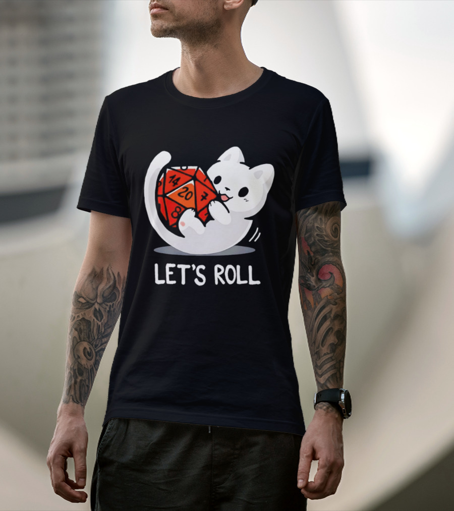 Let's Roll Cat Holding 20 Sided Die Dungeons And Dragons T-Shirt