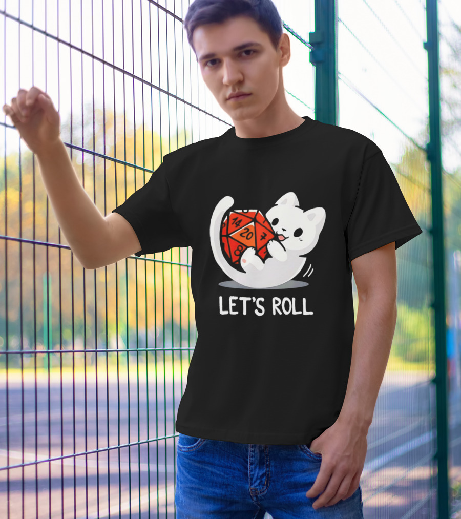 Let's Roll Cat Holding 20 Sided Die Dungeons And Dragons T-Shirt