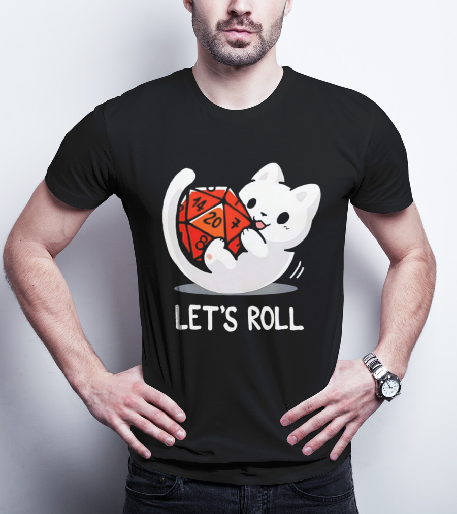 Let's Roll Cat Holding 20 Sided Die Dungeons And Dragons T-Shirt