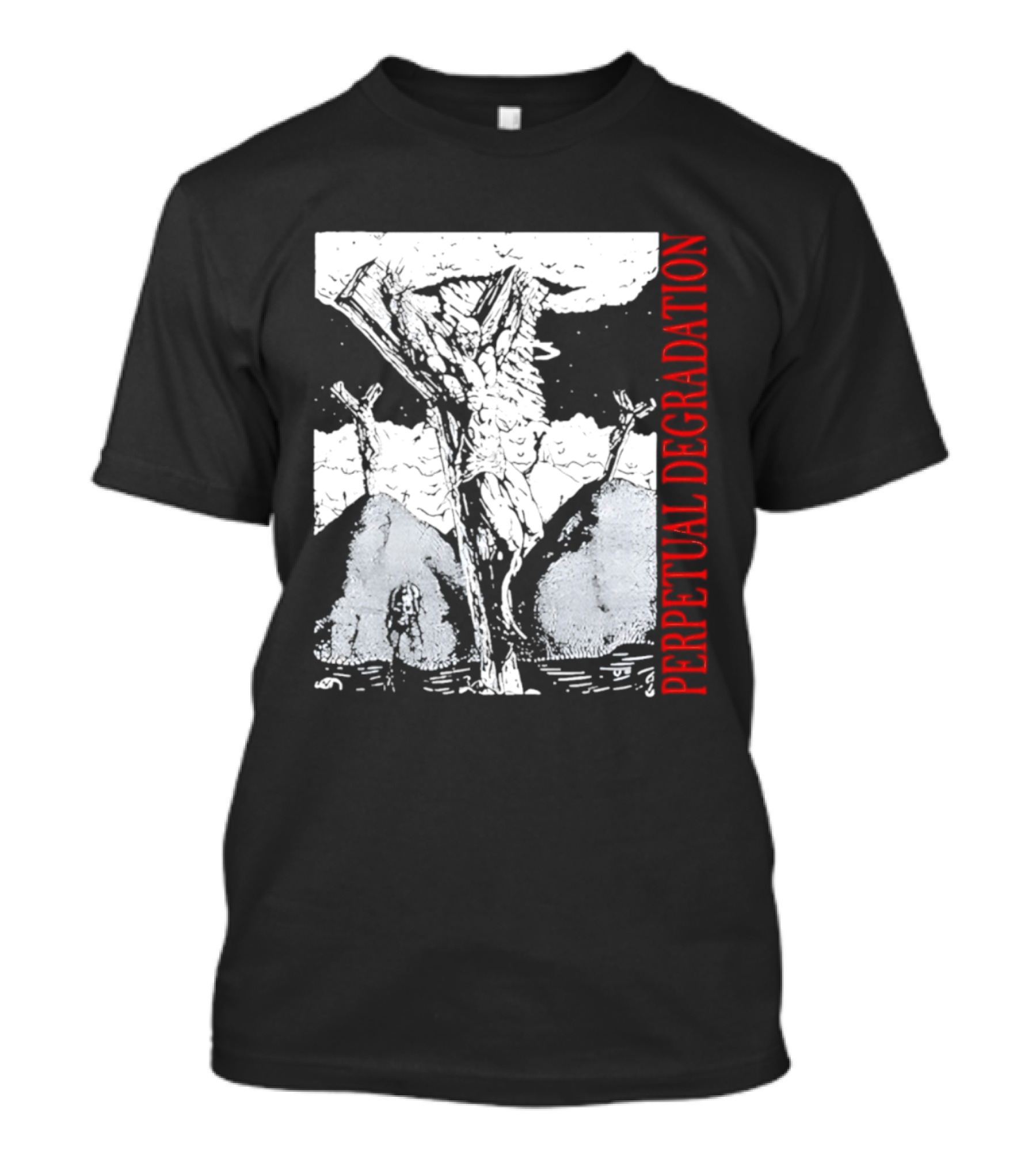 Perpetual Degradation Monster Crucifixion Skull Mountains Clouds T-Shirt
