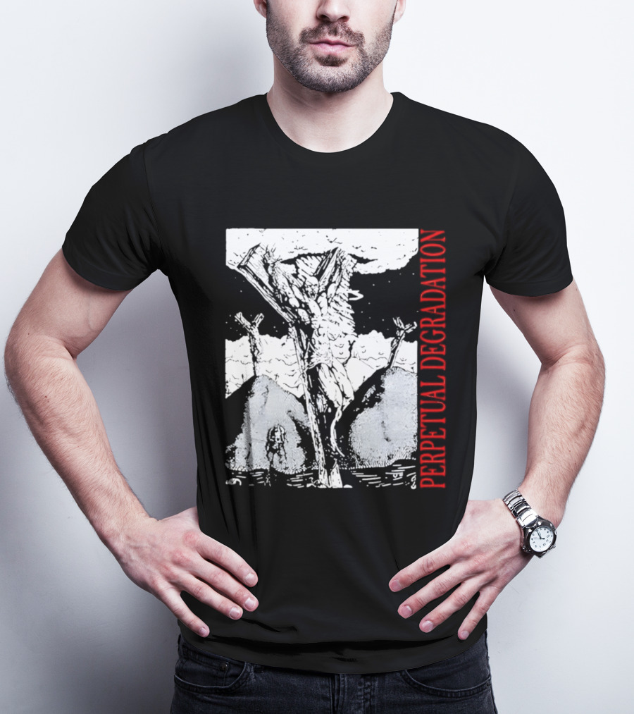 Perpetual Degradation Monster Crucifixion Skull Mountains Clouds T-Shirt