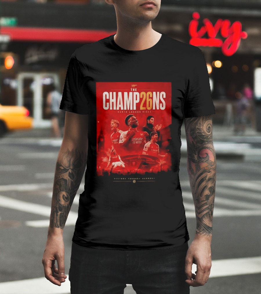 Arsenal FC The Champ26ns North London Rises Emirates Fly Better 2026 T-Shirt