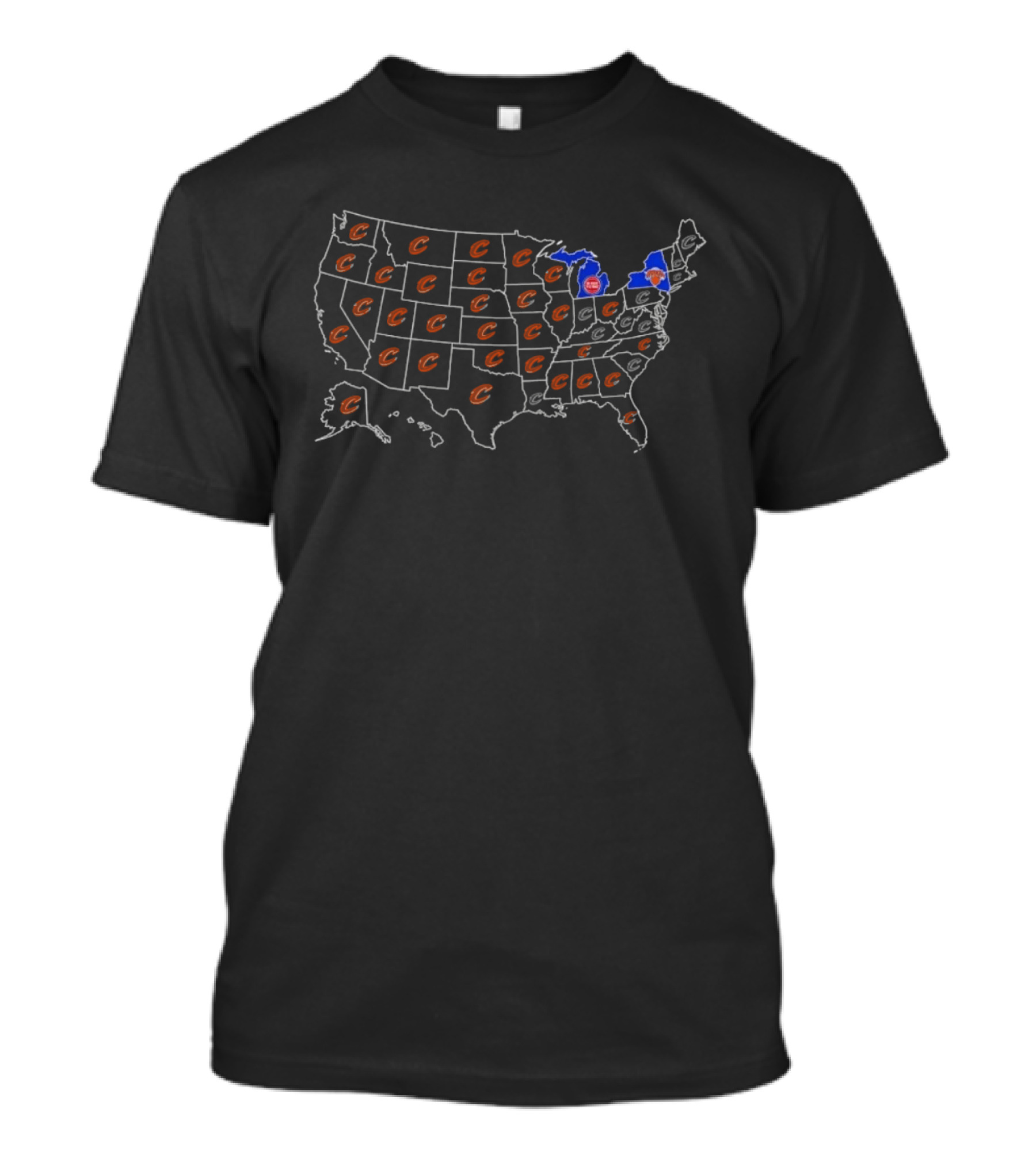 Cleveland Cavaliers NBA Map Of States With Team Logos T-Shirt