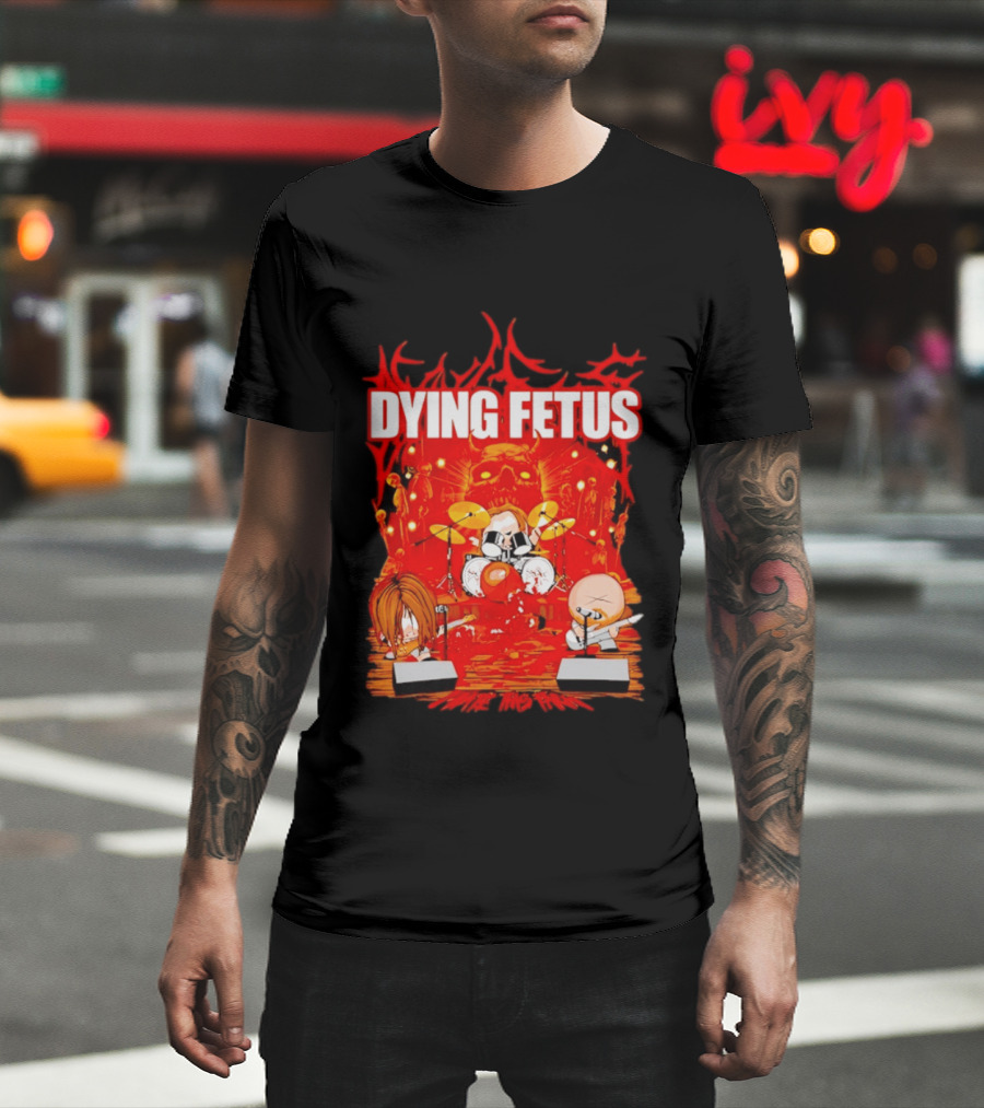Dying Fetus Cartoon Band Rocking Out In Red Scene T-Shirt
