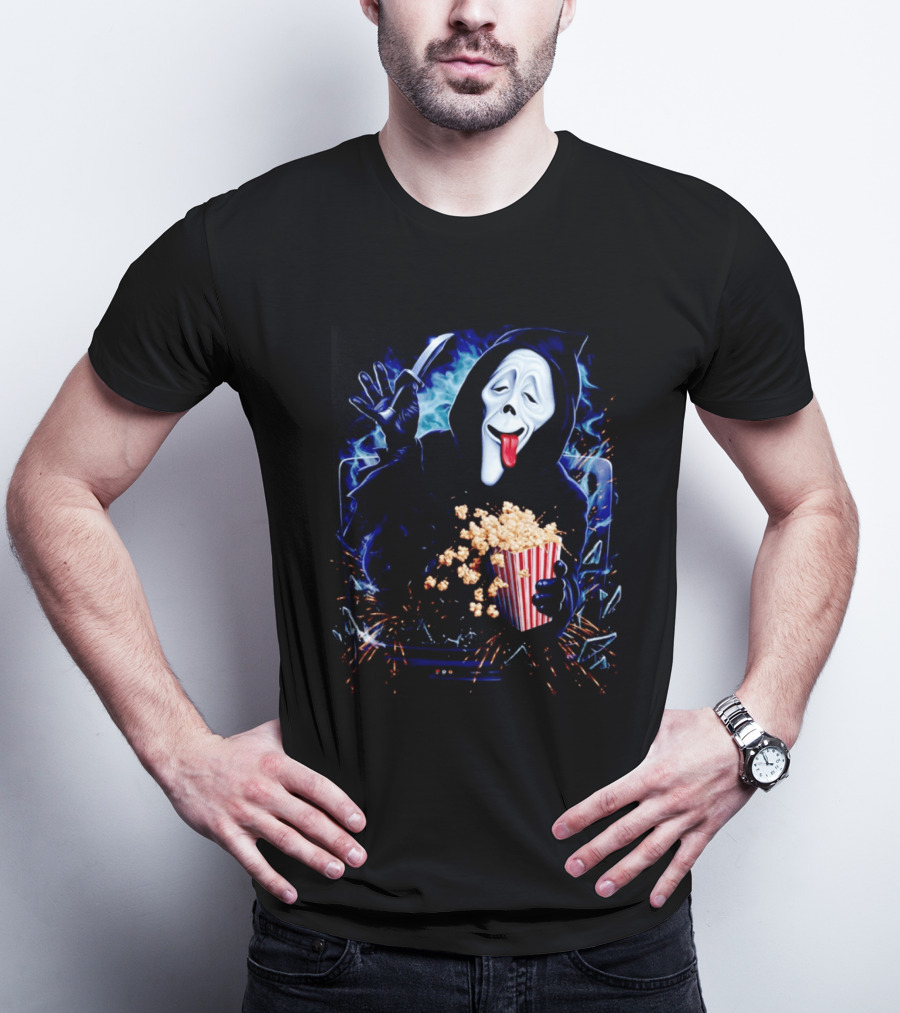 Ghost Face Spoof Knife Popcorn Scary Movie Munchies T-Shirt