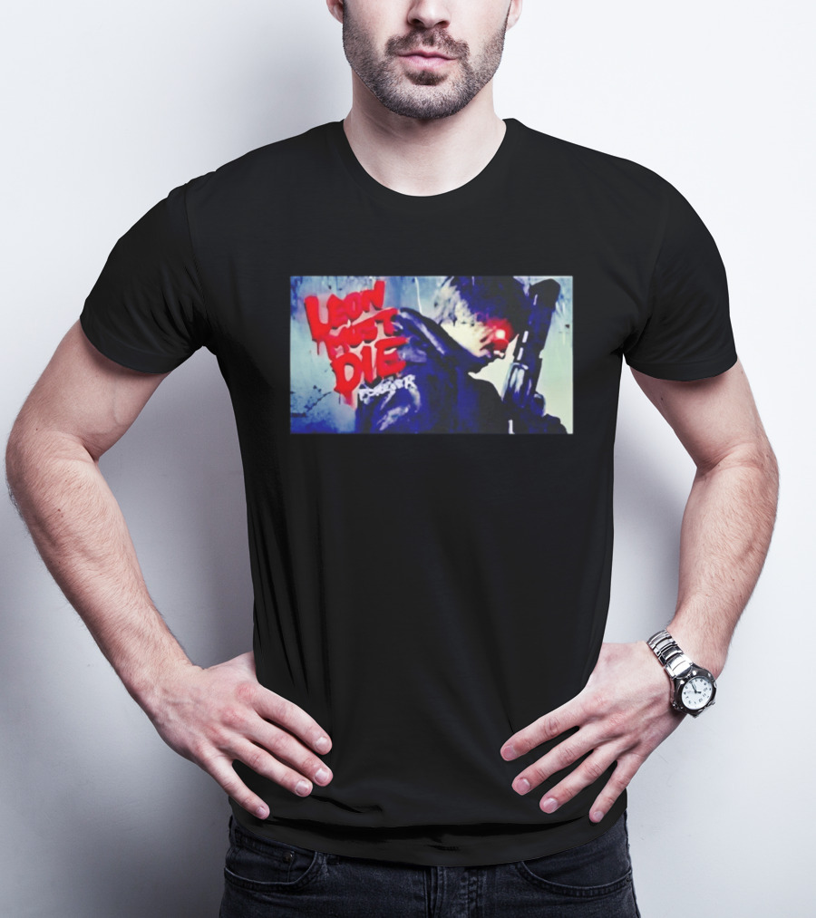 Leon Must Die Forever Red Text Gaming Warrior With Dark Gunfighter T-Shirt