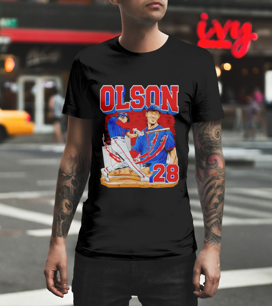 Olson 28 Baseball Player Blue And Red Hand Drawn T-Shirt