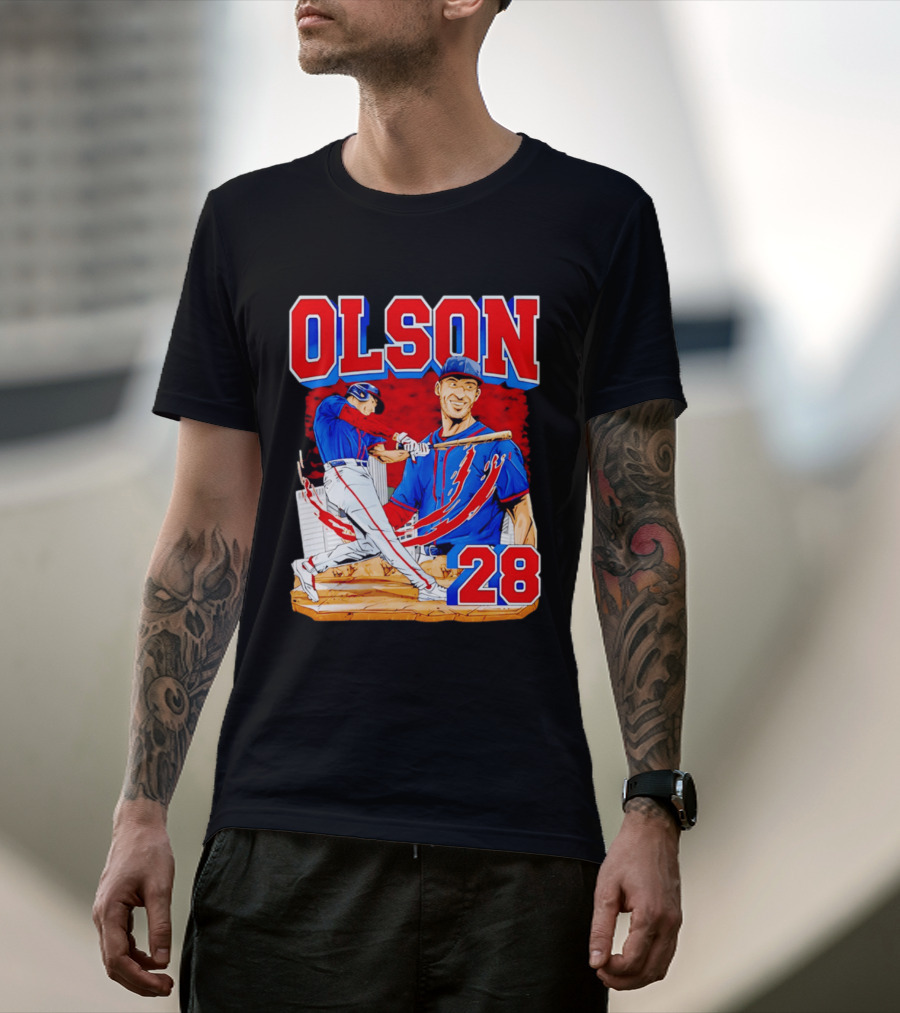 Olson 28 Baseball Player Blue And Red Hand Drawn T-Shirt