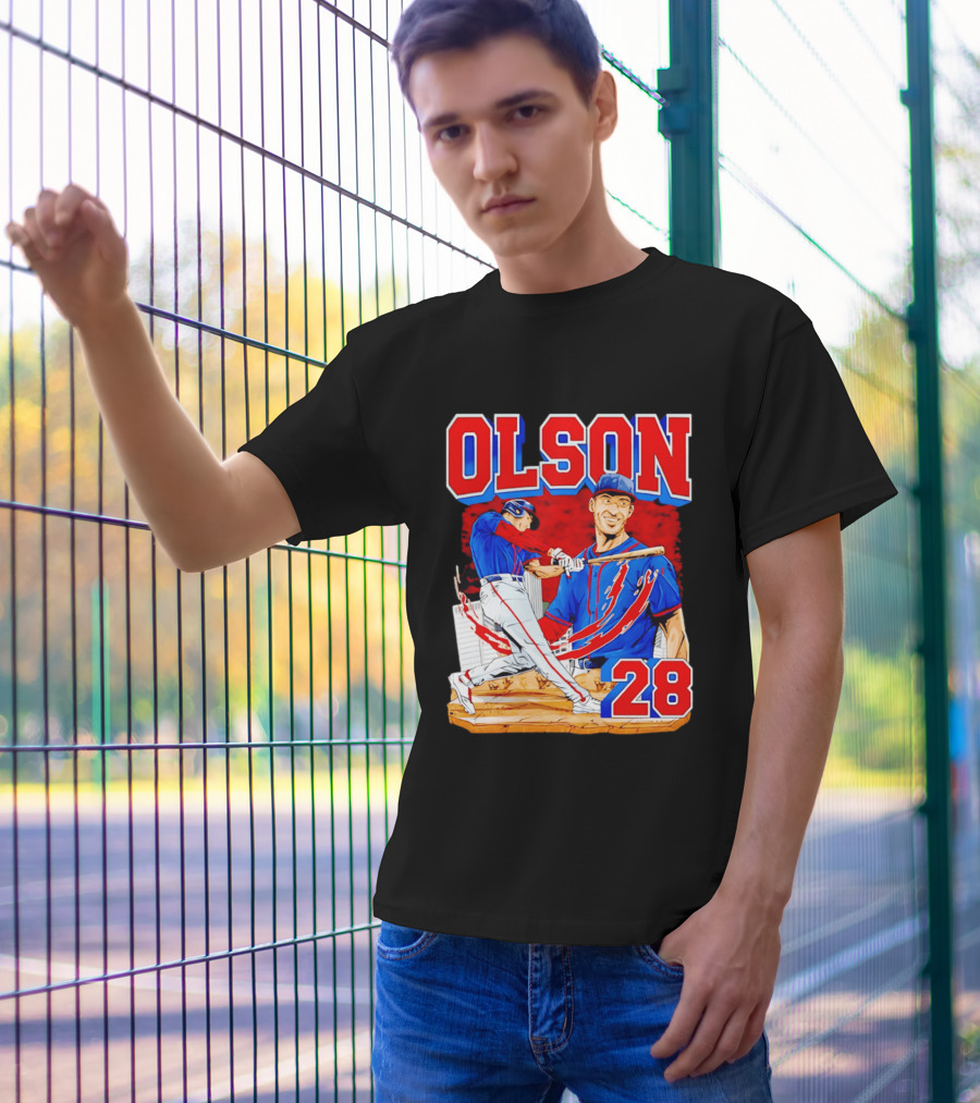Olson 28 Baseball Player Blue And Red Hand Drawn T-Shirt