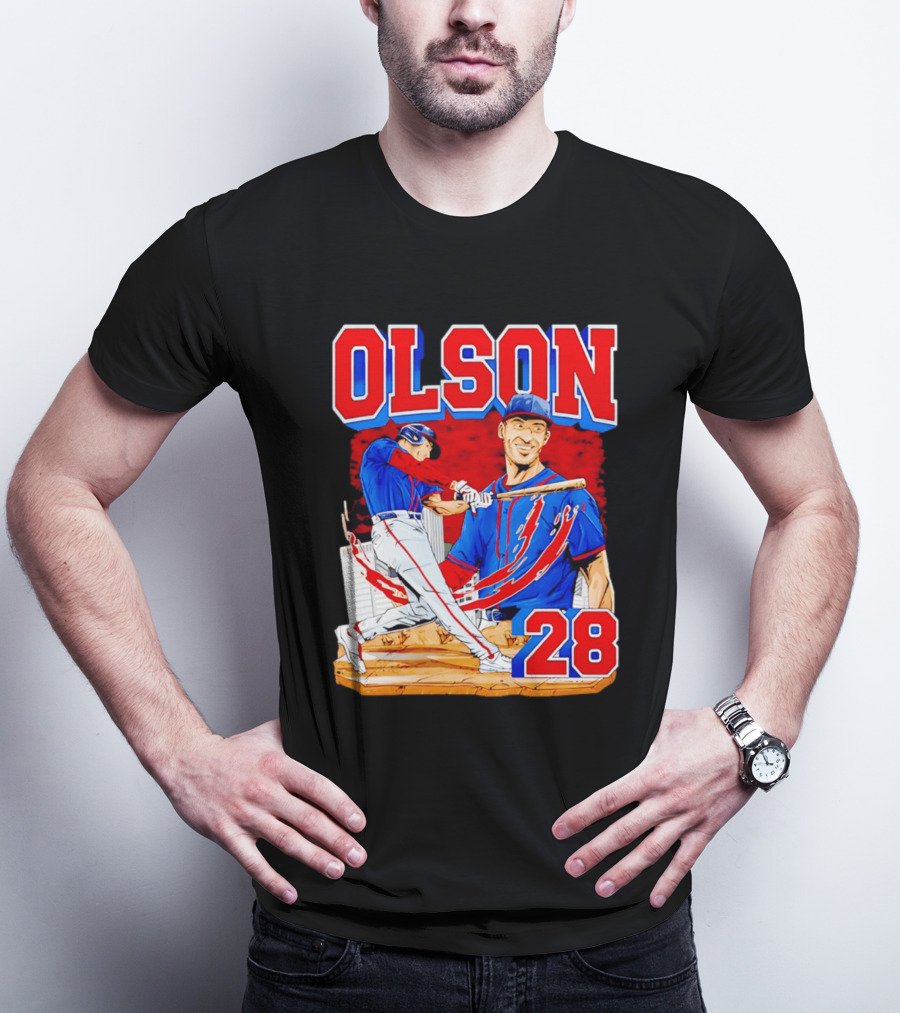 Olson 28 Baseball Player Blue And Red Hand Drawn T-Shirt