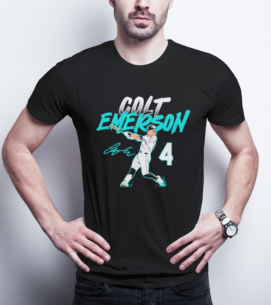 Colt Emerson Seattle Mariners Number 4 Slugger Swing Signature T-Shirt