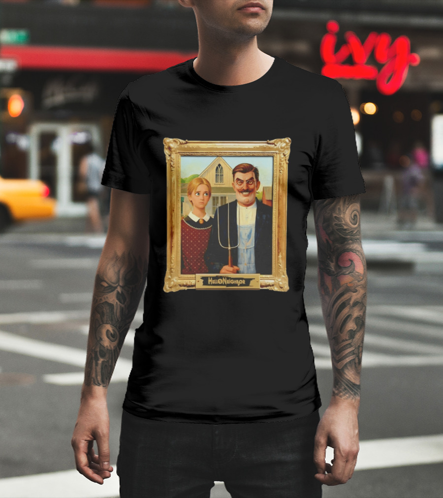 Hello Neighbor American Gothic Man Pitchfork Girl Painting Frame T-Shirt