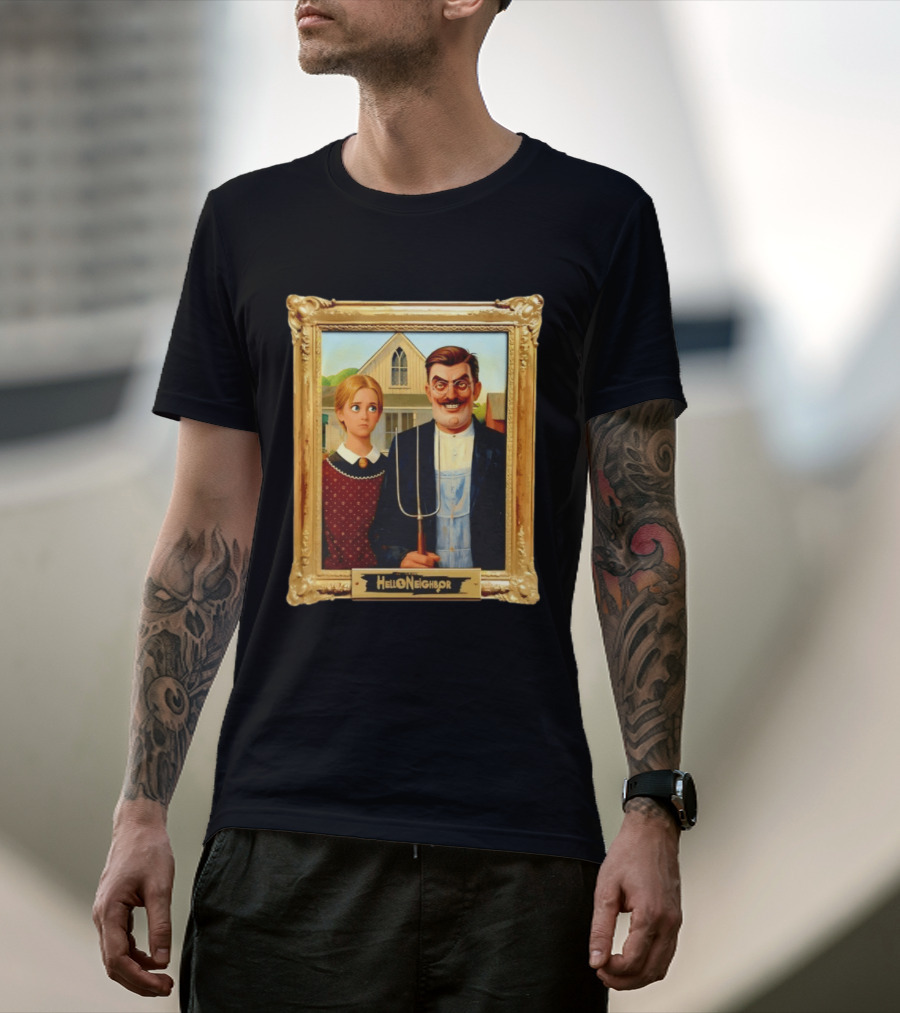 Hello Neighbor American Gothic Man Pitchfork Girl Painting Frame T-Shirt