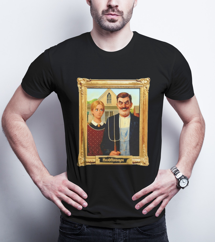 Hello Neighbor American Gothic Man Pitchfork Girl Painting Frame T-Shirt