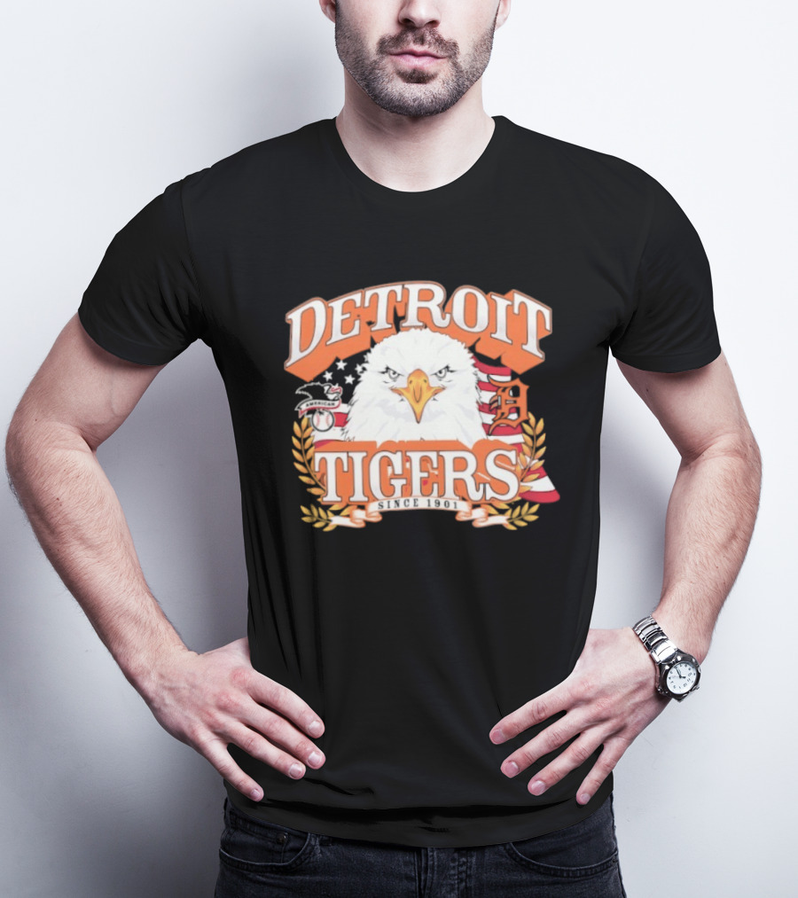 Detroit Tigers Eagle Emblem With American Flag And Stars T-Shirt