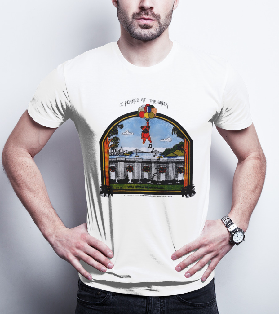 I Peaked At The Greek Grateful Dead 1985 Bear Balloons Musical Notes T-Shirt