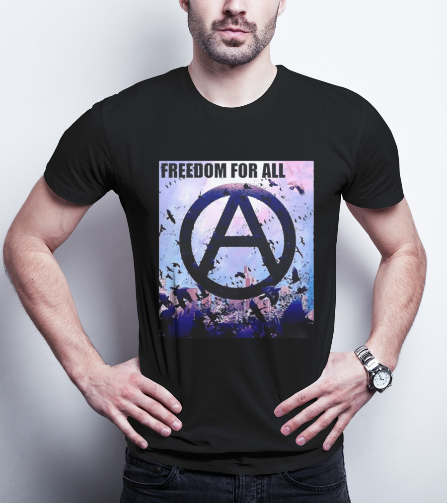 FdA IFA Freedom For All Anarchy Symbol With Birds And City Skyline T-Shirt