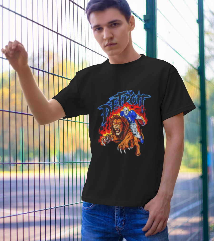 Detroit Skeleton Football Player Lion Fire Fusion T-Shirt