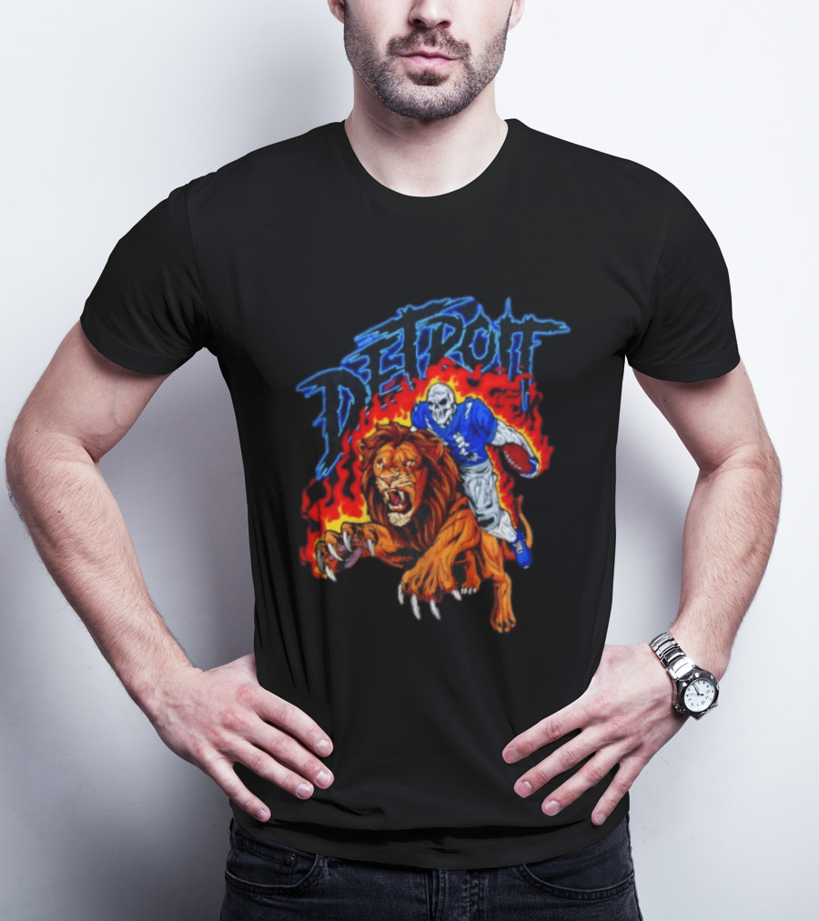 Detroit Skeleton Football Player Lion Fire Fusion T-Shirt