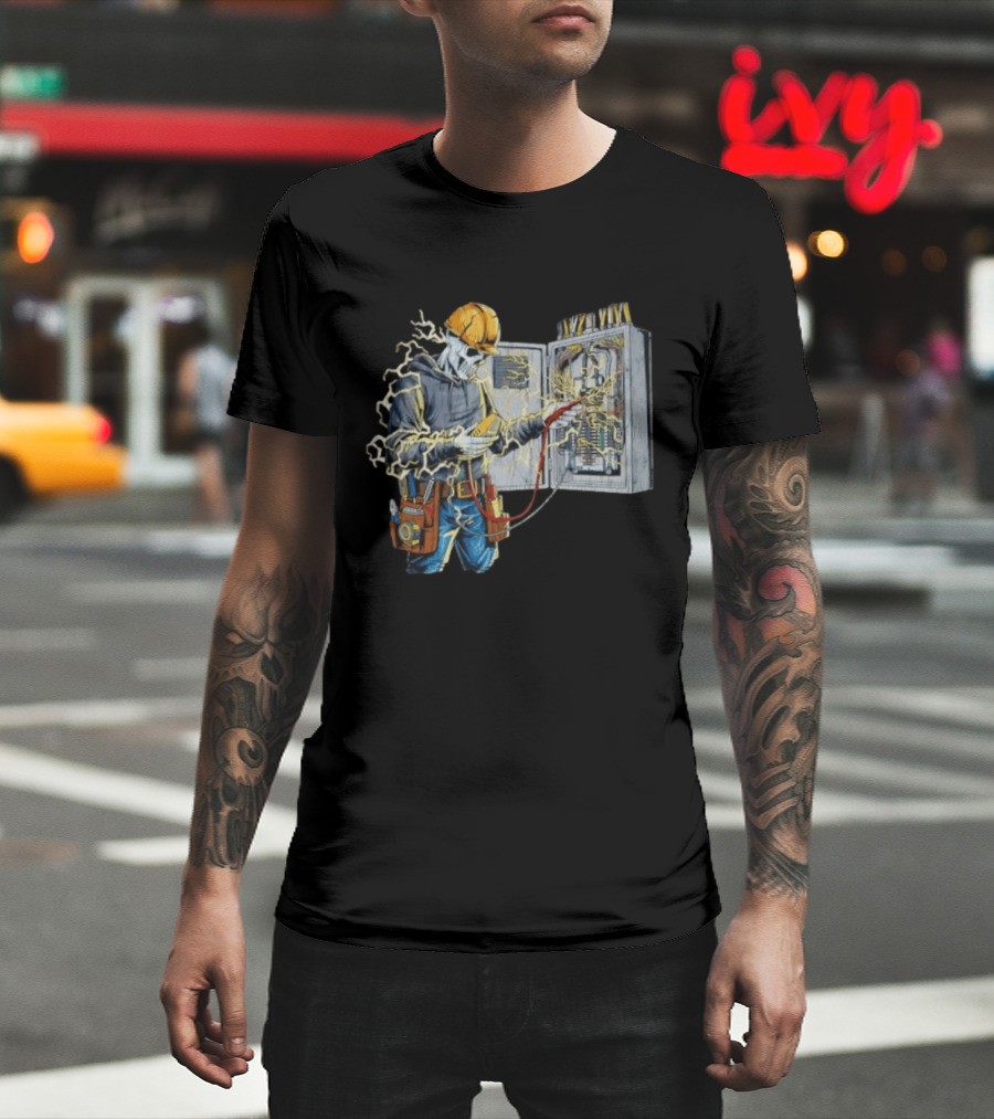 Skeleton Electrician Hard Hat Voltage Sparks T-Shirt